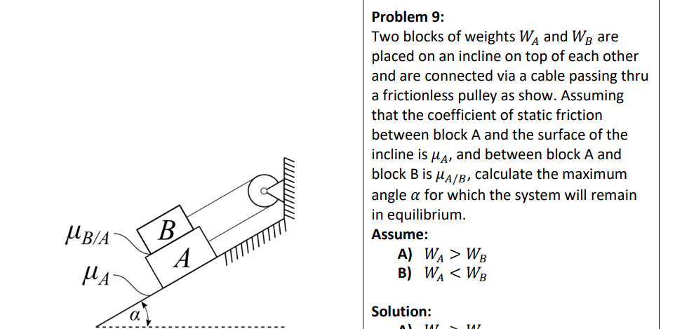 Solved Problem 9:Two blocks of weights WA ﻿and WB ﻿areplaced | Chegg.com