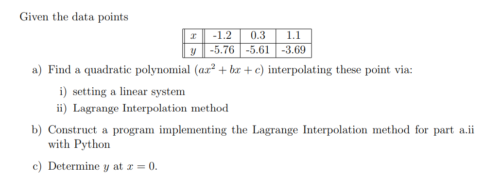 Solved Given the data points a) Find a quadratic polynomial | Chegg.com