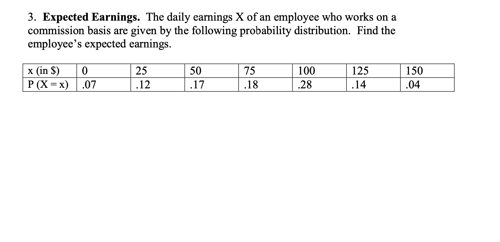 Solved 3. Expected Earnings. The daily earnings X of an | Chegg.com