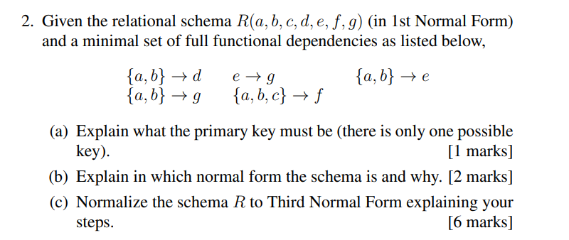 Solved 2 2. Given the relational schema R(a, b, c, d, e, f, | Chegg.com