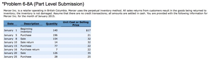 Solved Problem 6-8A (Part Level Submission) Mercer Inc. is a | Chegg.com