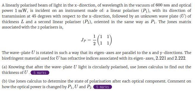Solved A linearly polarised beam of light in the | Chegg.com