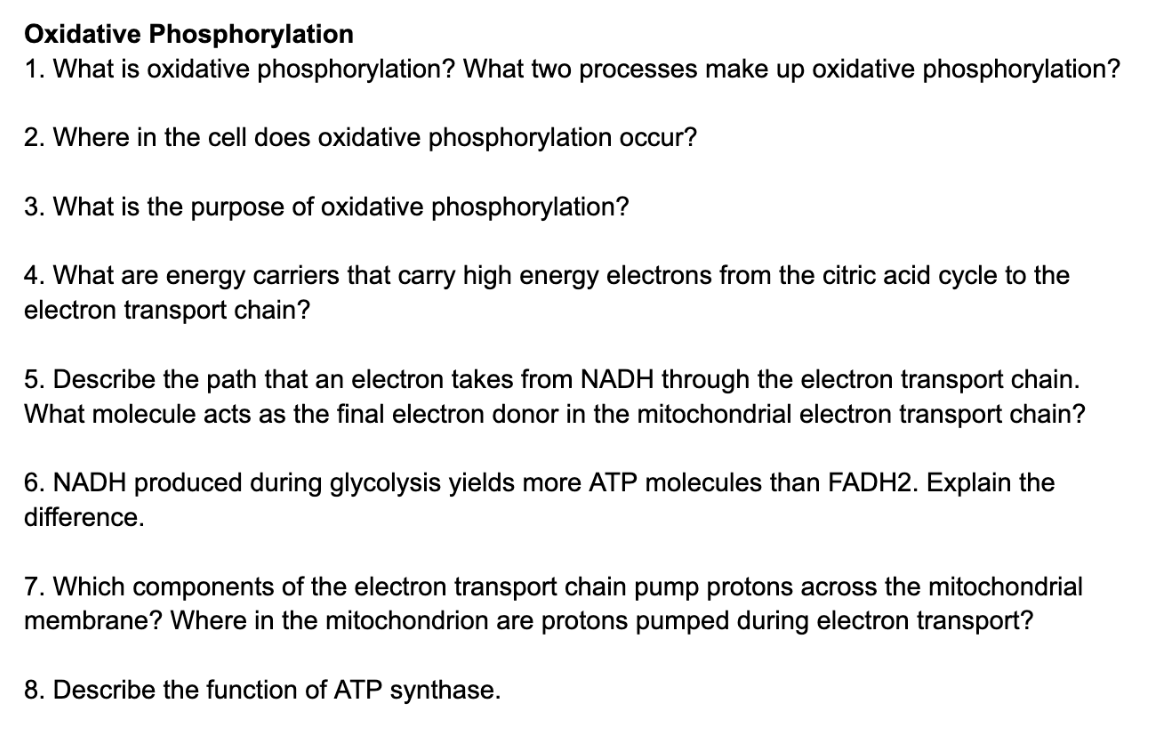 Solved Oxidative Phosphorylation 1. What is oxidative | Chegg.com