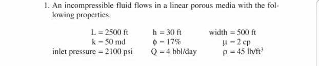 Solved 1. An incompressible fluid flows in a linear porous | Chegg.com