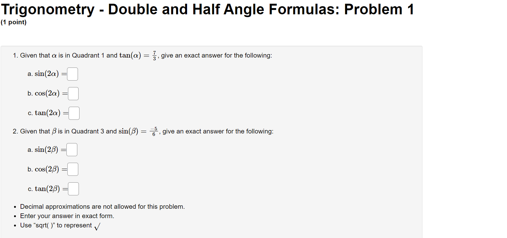Solved Trigonometry - Double and Half Angle Formulas: | Chegg.com