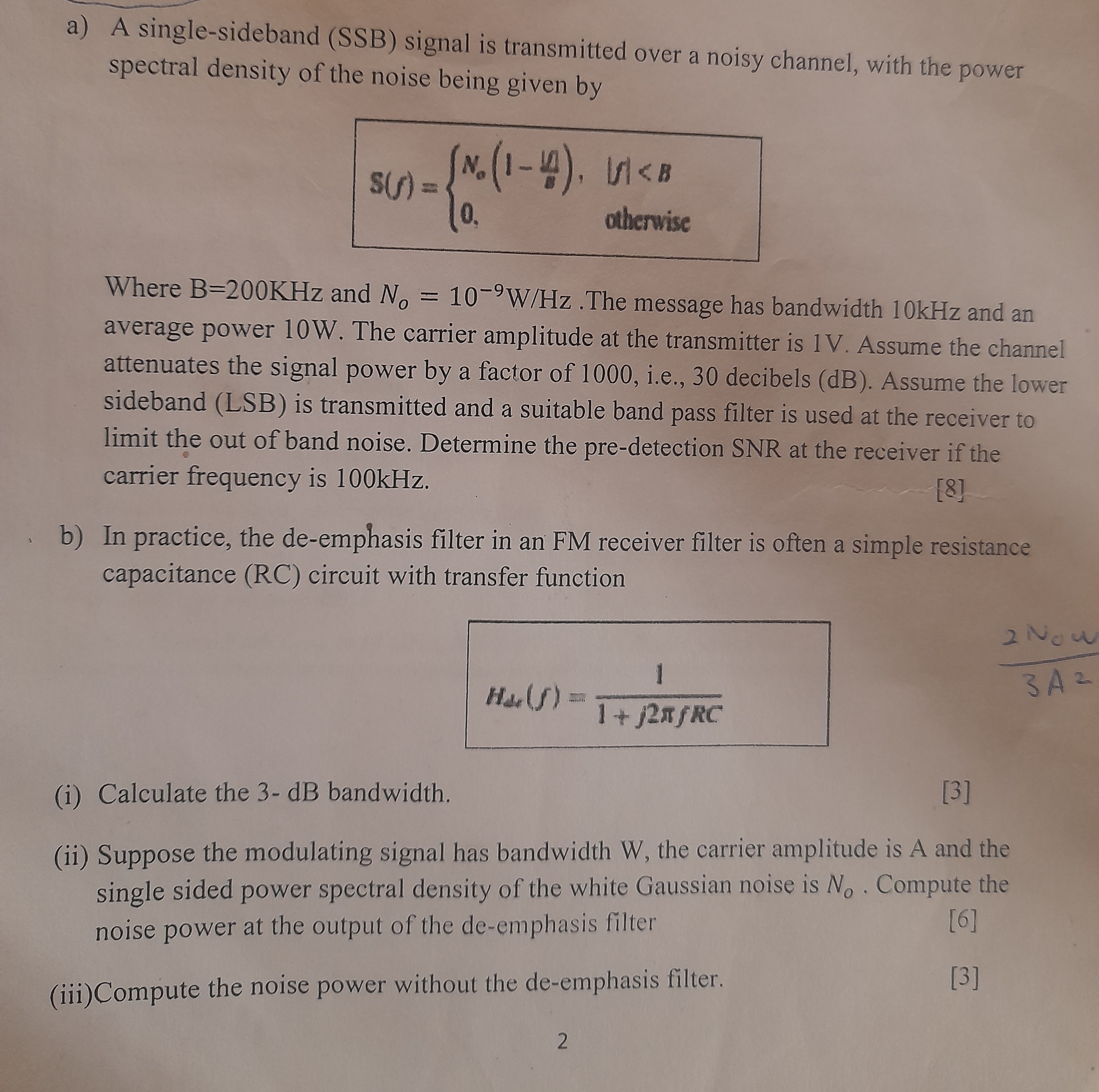 Solved a) A single-sideband (SSB) signal is transmitted over | Chegg.com