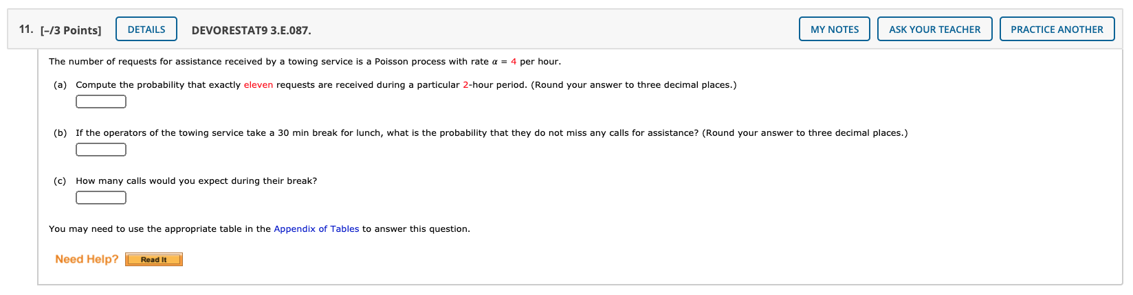 Solved 11. (-/3 points) DETAILS DEVORESTAT9 3.E.087. MY | Chegg.com Solved 11. (-/3 points) DETAILS DEVORESTAT9 3.E.087. MY | Chegg.com
