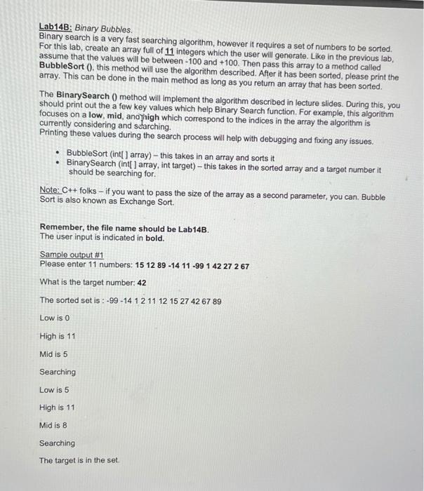 Solved Lab14B: Binary Bubbles. Binary search is a very fast | Chegg.com