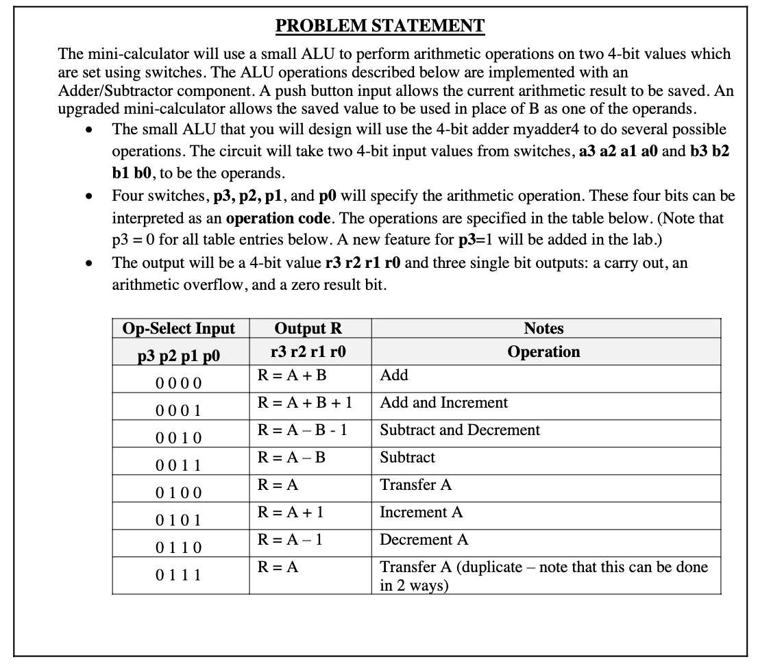 Solved PROBLEM STATEMENT The mini-calculator will use a | Chegg.com