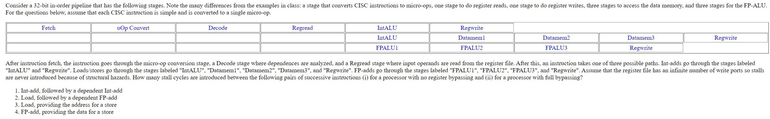 Consider a 32-bit in order pipeline that has the | Chegg.com
