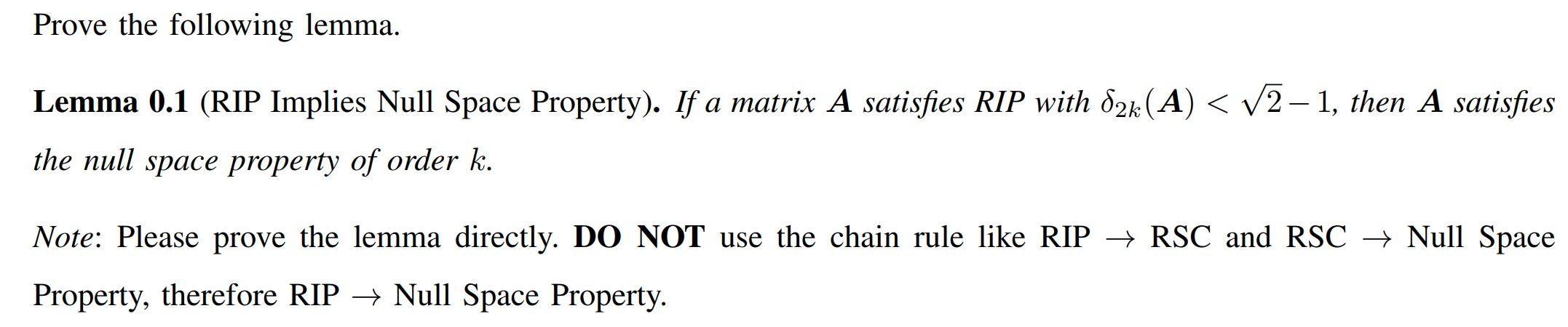 Solved Lemma 0.1 (RIP Implies Null Space Property). If a | Chegg.com