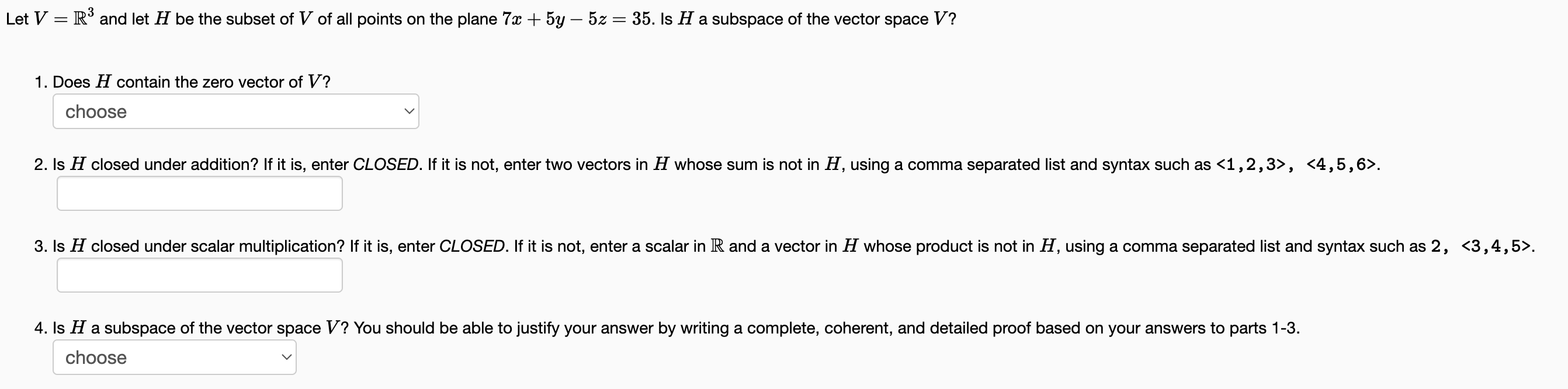 Solved Let V=R3 and let H be the subset of V of all points | Chegg.com