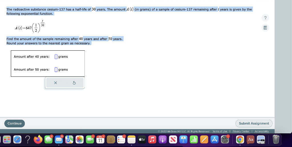 Solved A(t)=647(21)30t Find the amount of the sample | Chegg.com