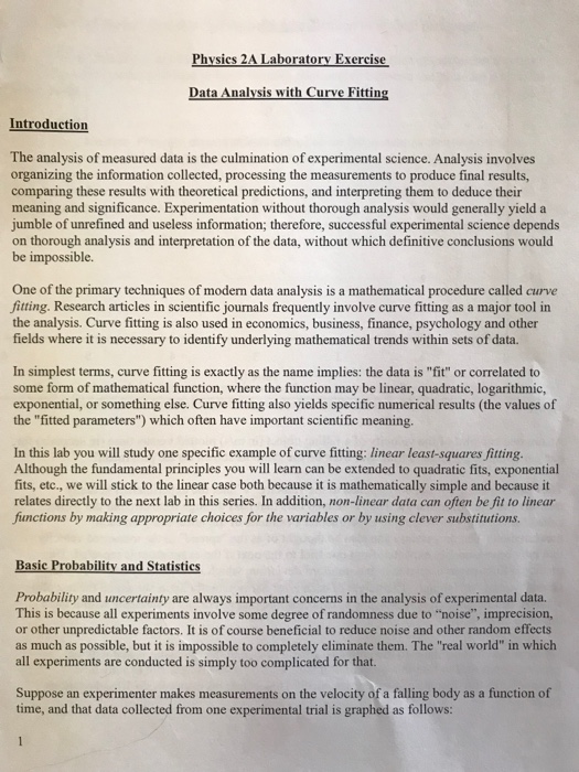 Physics 2A Laboratory Exercise Data Analysis with | Chegg.com