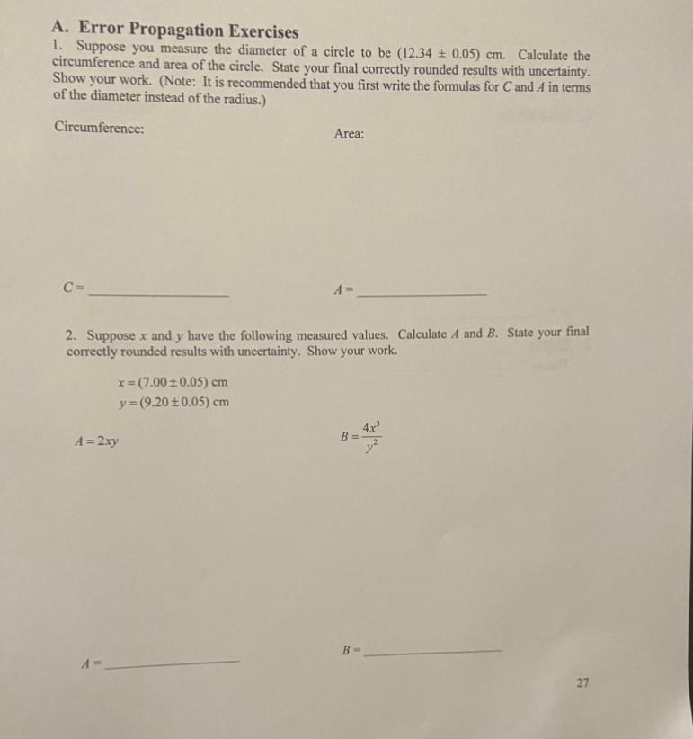 Solved A. Error Propagation Exercises 1. Suppose you measure | Chegg.com