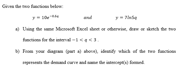 Solved Given the two functions below: y=10e−0.5q and y=7ln5q | Chegg.com
