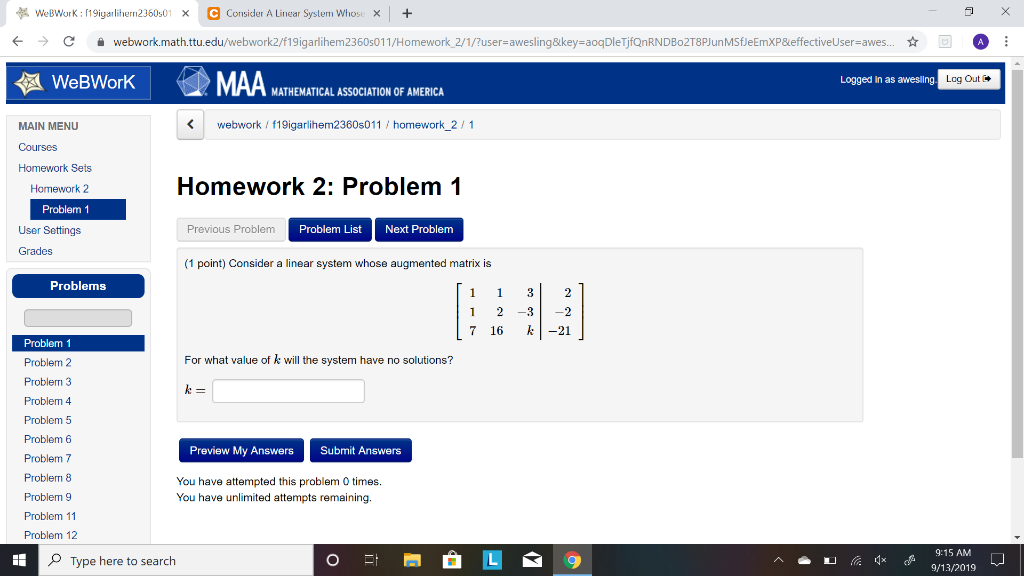 Solved WebWork: 119igarlihern236001 x C Consider A Linear | Chegg.com