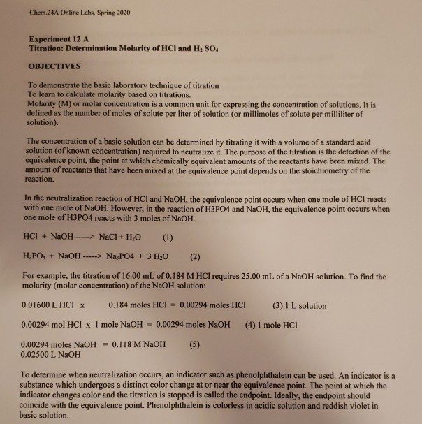 Chem.24A Online Labs, Spring 2020 Experiment 12 A | Chegg.com