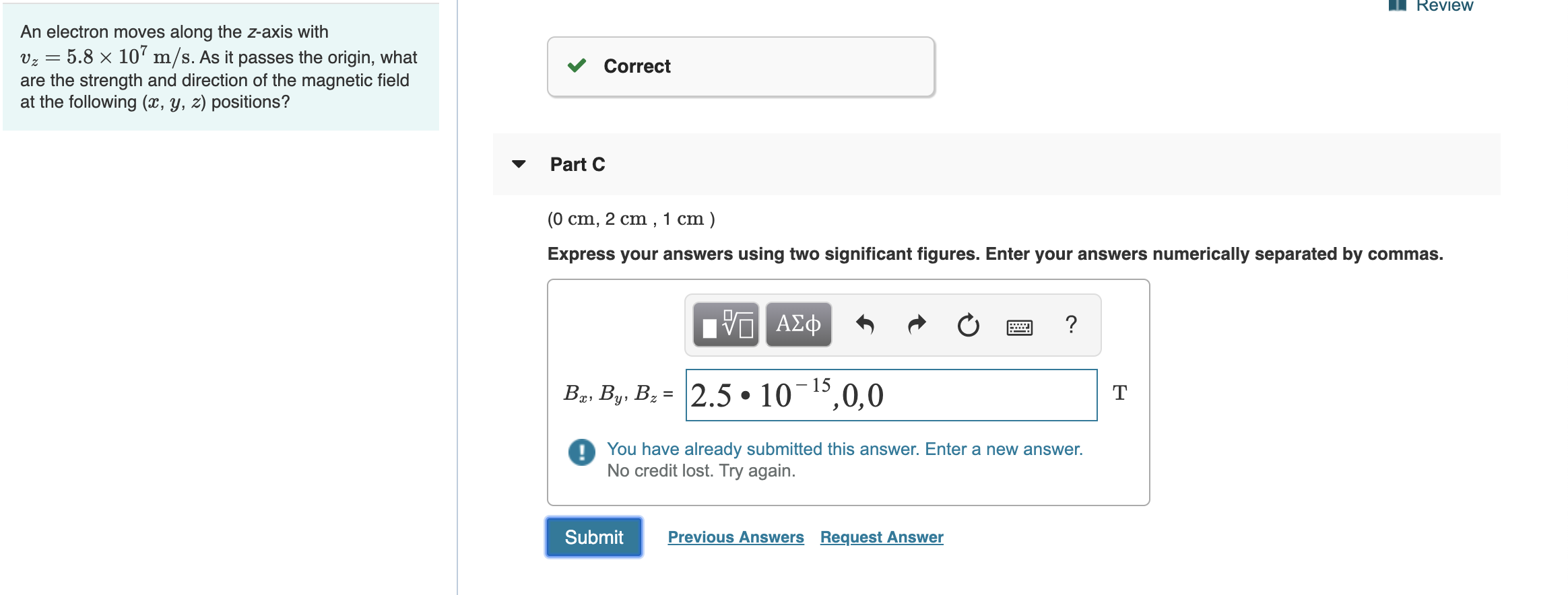 Solved 11 Review An electron moves along the z-axis with Vz | Chegg.com