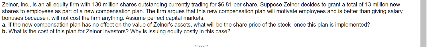 Solved Zelnor, Inc., is an all-equity firm with 130 million | Chegg.com