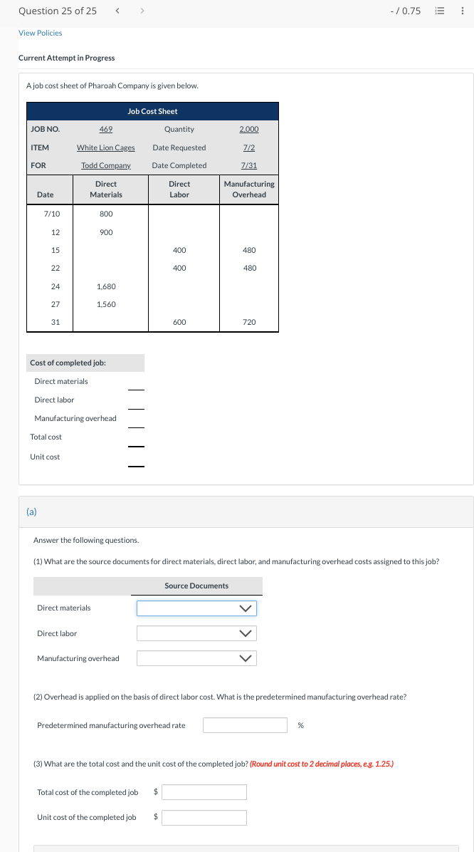 Solved Current Attempt in ProgressA job cost sheet of | Chegg.com