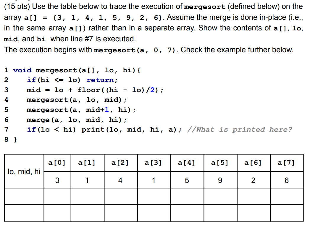 Solved (15 pts) Use the table below to trace the execution | Chegg.com