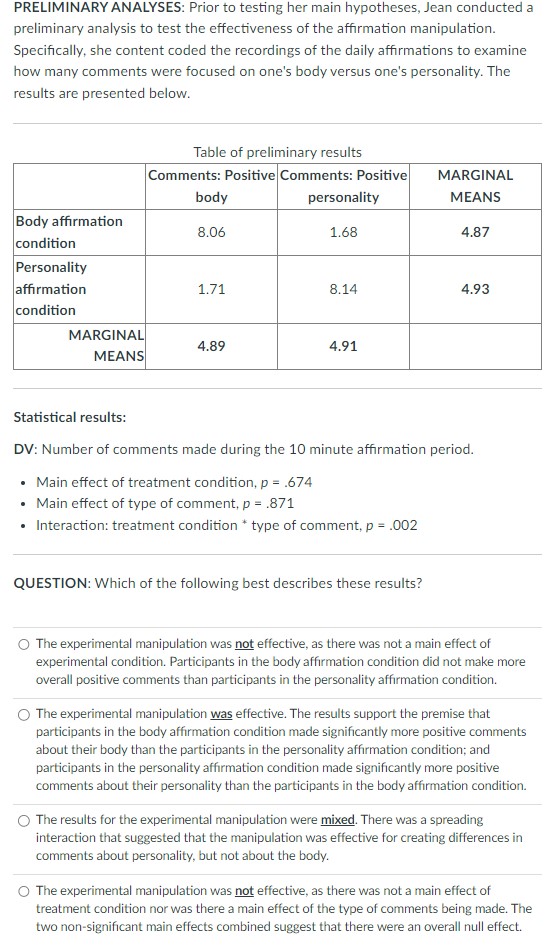 Solved PRELIMINARY ANALYSES: Prior to testing her main | Chegg.com