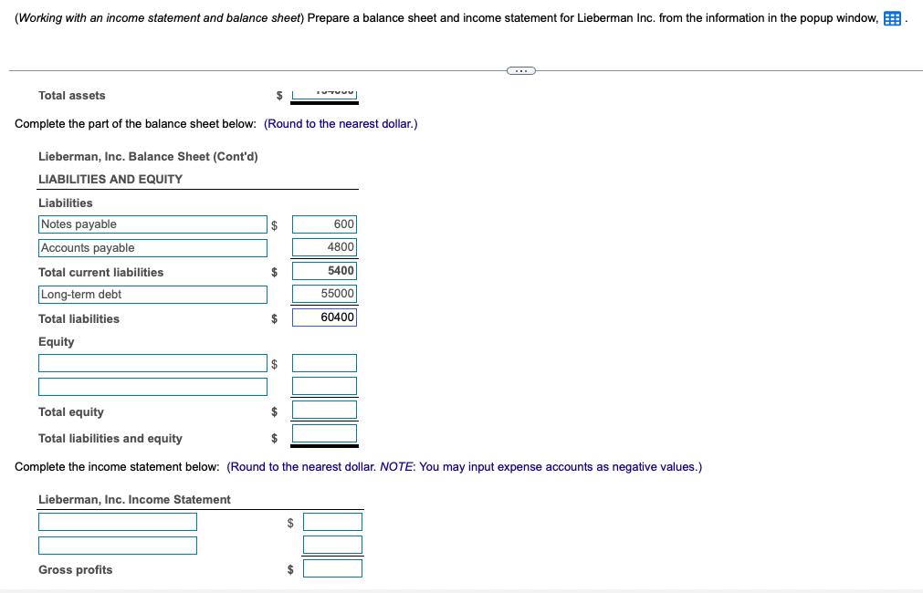 Solved (Working with an incom the information in the popup | Chegg.com
