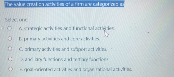 Solved The value creation activities of a firm are | Chegg.com