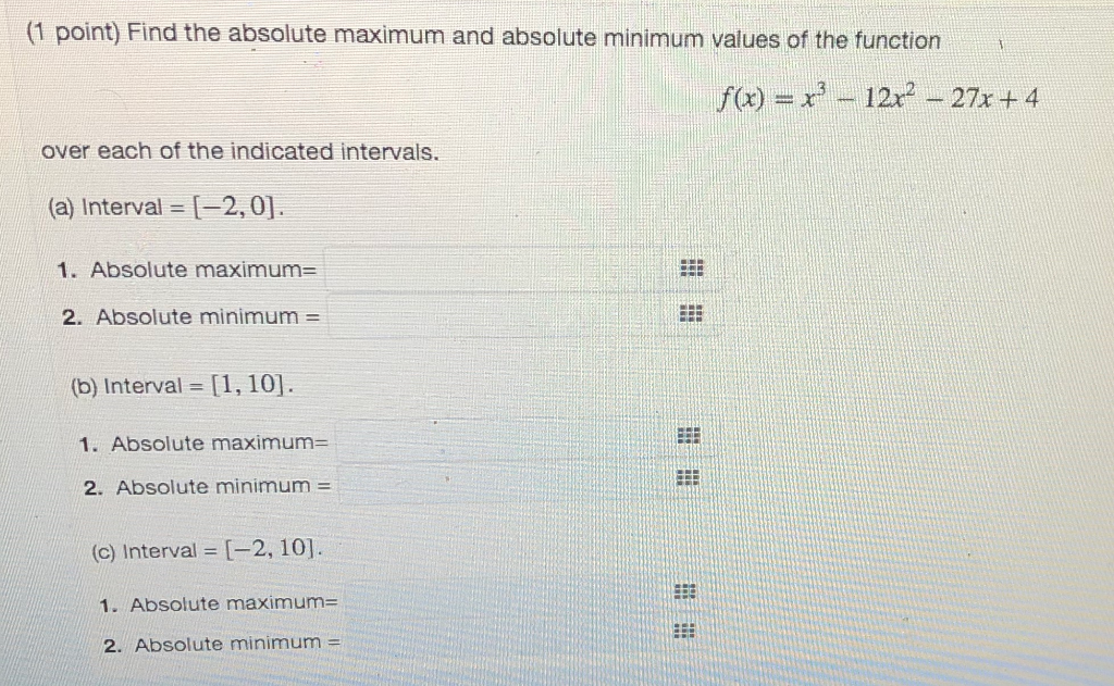 Solved (1 point) Find the absolute maximum and absolute | Chegg.com