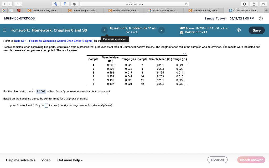 Solved Twelve samples, each containing five parts, were | Chegg.com