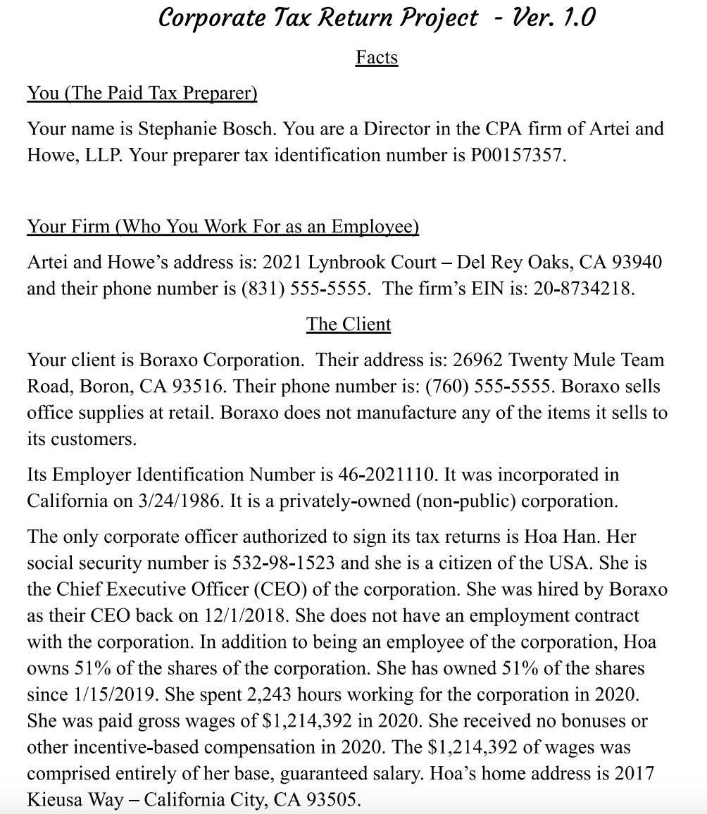 Corporate Tax Return Project - Ver. 1.0 Facts You | Chegg.com