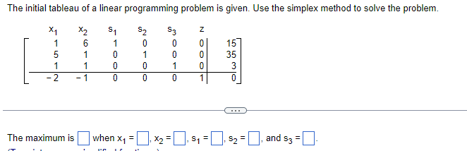 Solved ⎣⎡x1151−2x2611−1 s11000 s20100 s30010z0001153530⎦⎤ | Chegg.com