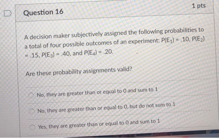 Solved D | Question 16 1 pts A decision maker subjectively | Chegg.com
