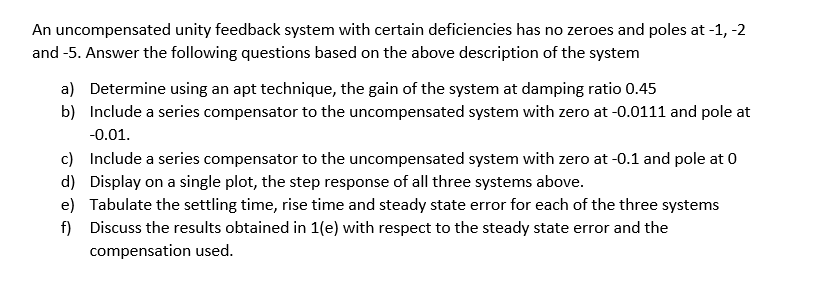Solved An uncompensated unity feedback system with certain | Chegg.com