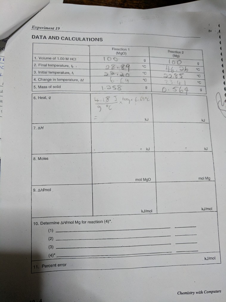 Solved Experiment 19 to DATA AND CALCULATIONS Reaction 1 | Chegg.com