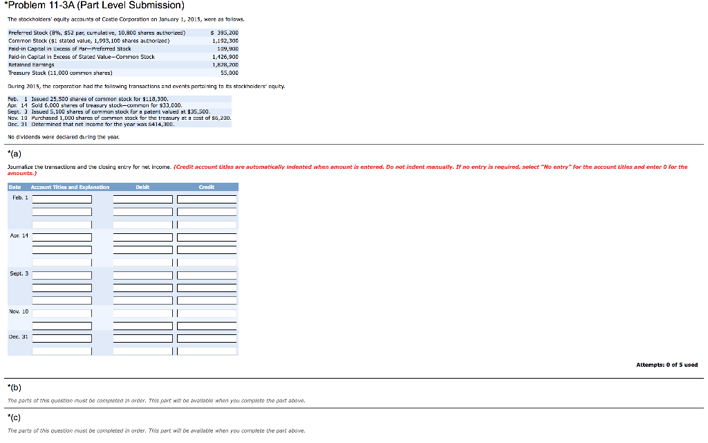 Solved Problem 11-3A (Part Level Submission) The | Chegg.com