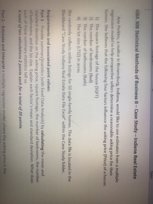 GBA 306 Statistical Methods of Business I-Case | Chegg.com
