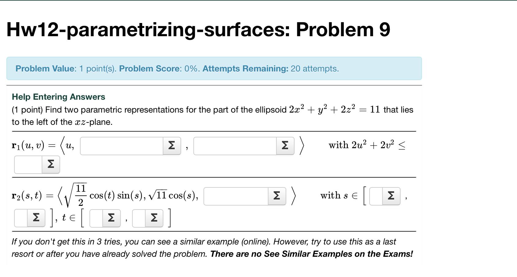 Solved Hw12-parametrizing-surfaces: Problem 9 Problem Value: | Chegg.com