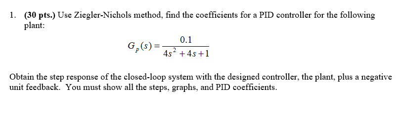 Solved (30 pts.) Use Ziegler-Nichols method, find the | Chegg.com