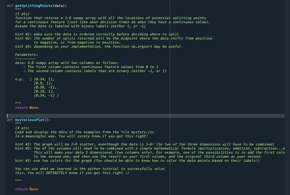 Solved def getSplittingPoints(data): (5 pts) function that | Chegg.com