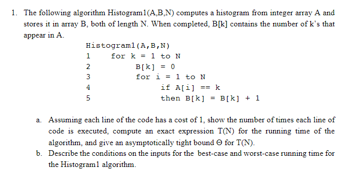 Solved 1. The following algorithm Histogram1(A,B,N) computes | Chegg.com