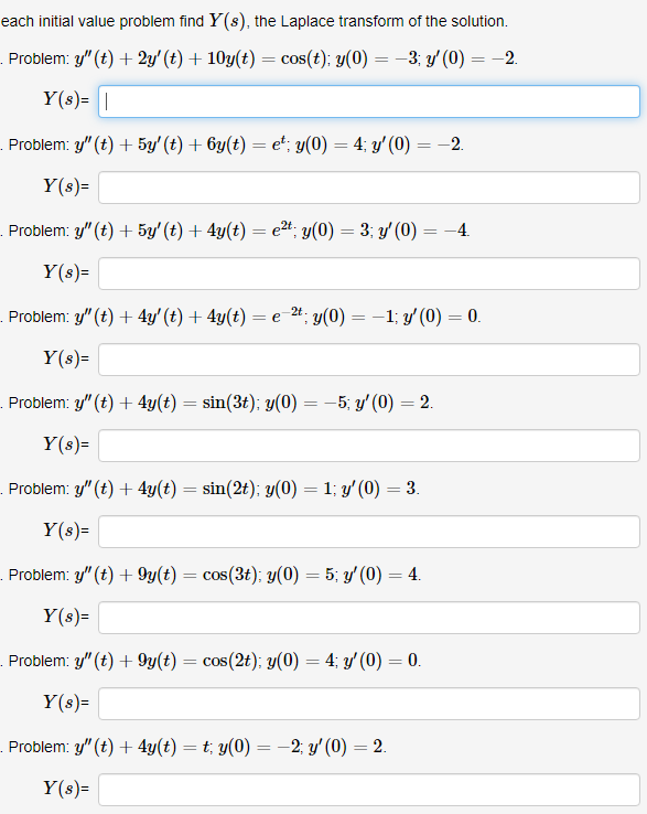 ach initial value problem find Y(s), the Laplace | Chegg.com