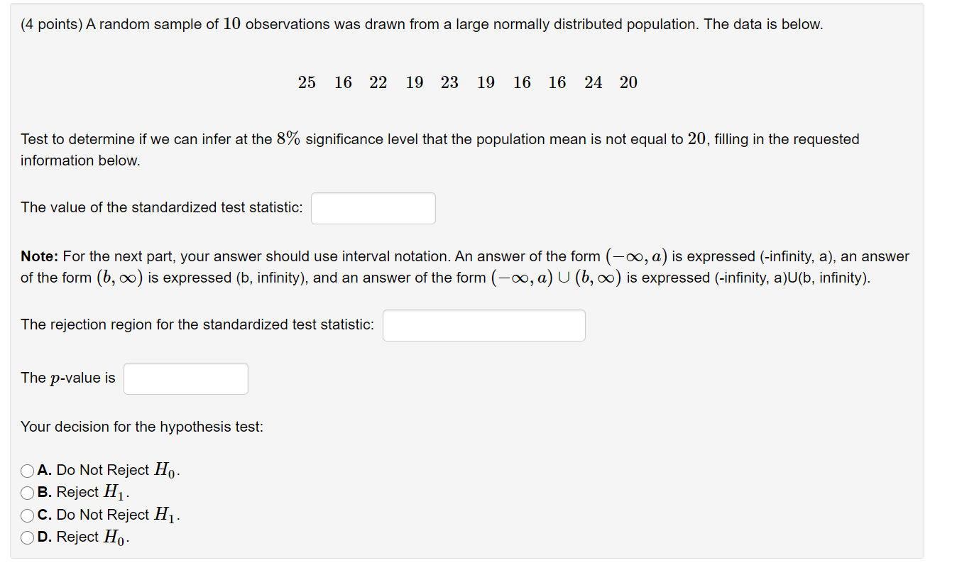 Solved (4 points) A random sample of 10 observations was | Chegg.com