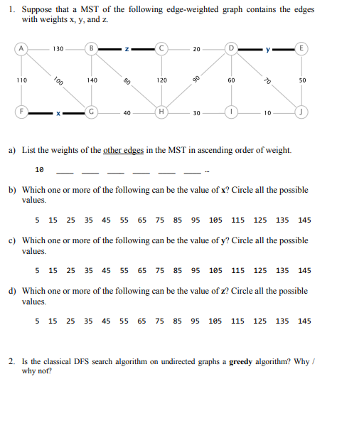 Solved Suppose that a MST of the following edge-weighted | Chegg.com