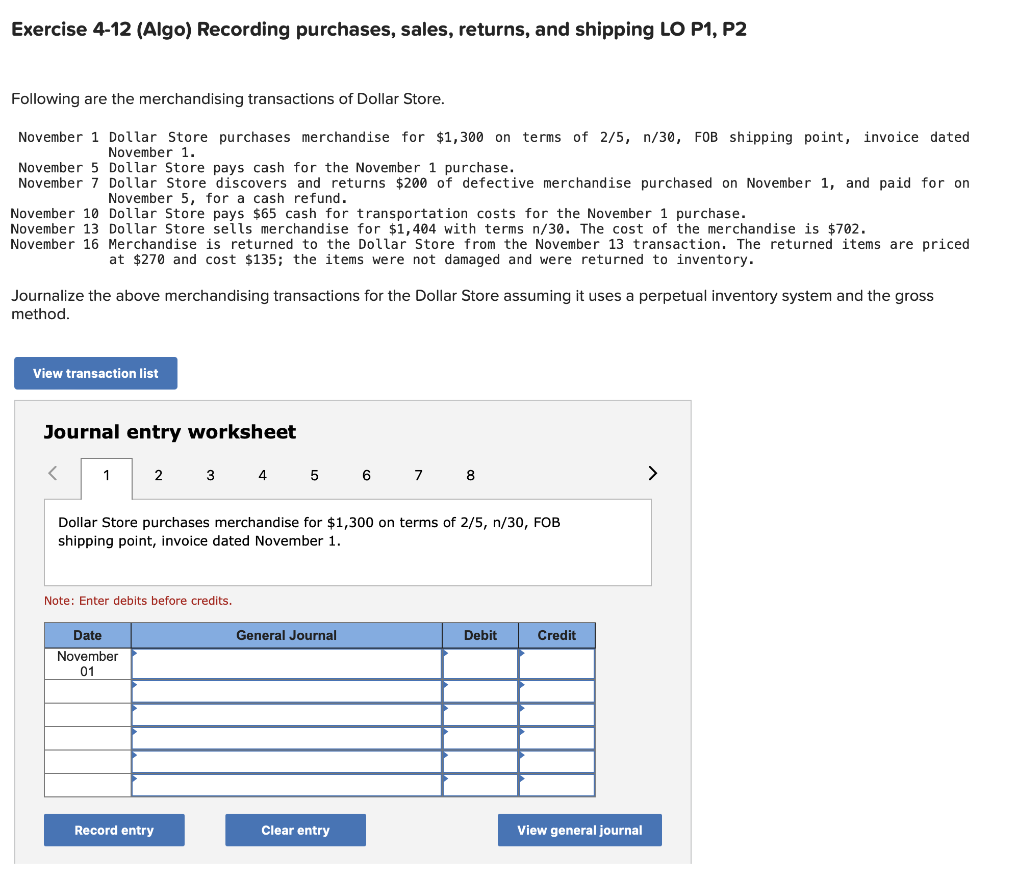 Exercise 4-12 (Algo) ﻿Recording purchases, sales, | Chegg.com