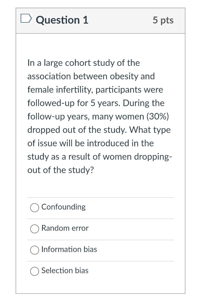 Solved Question 1 5pts In a large cohort study of the | Chegg.com