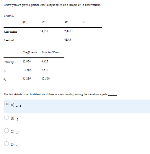Solved Below you are given a partial Excel output based on a | Chegg.com