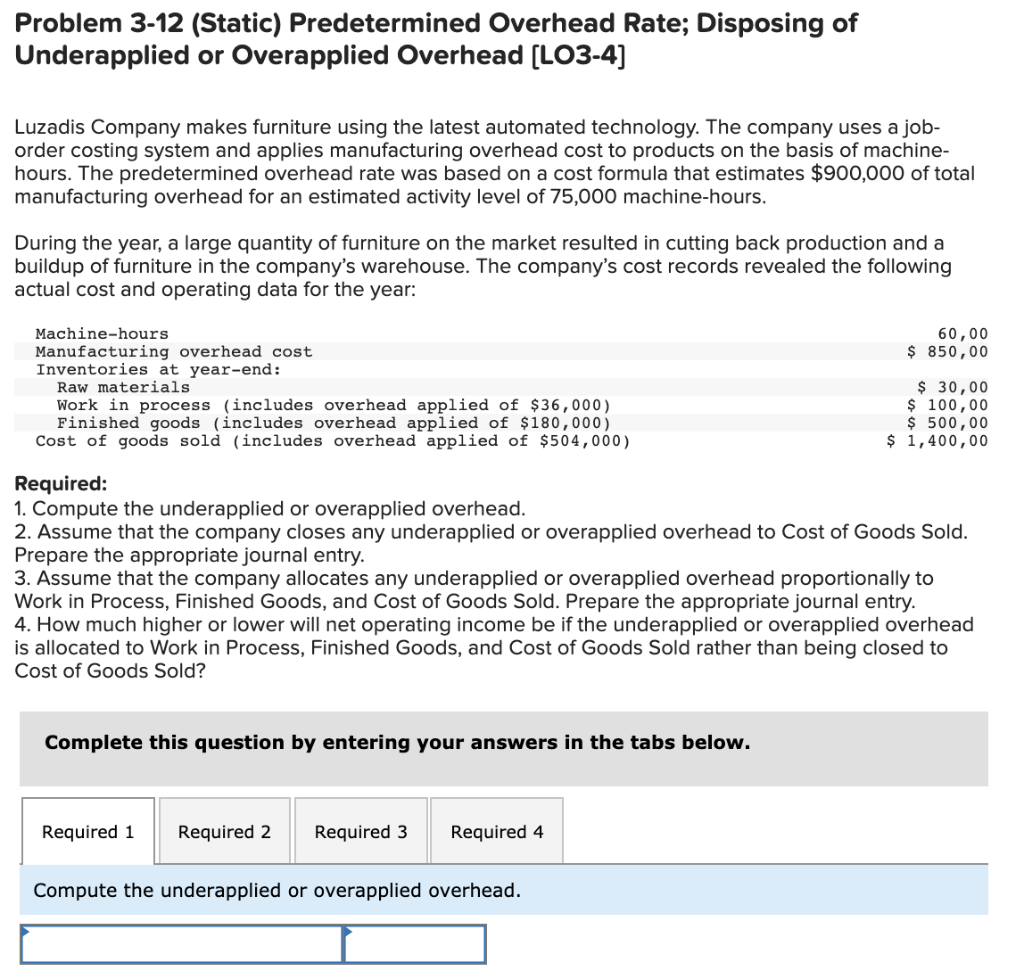 Solved Problem 3-12 (Static) Predetermined Overhead Rate; | Chegg.com