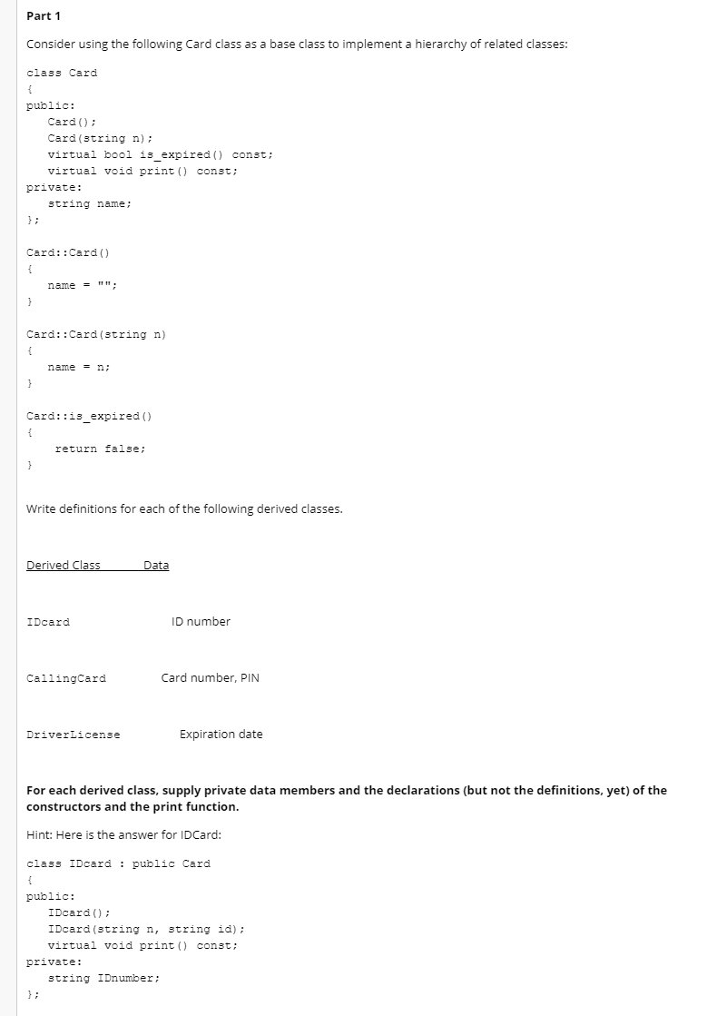 Solved Part 1 Consider using the following Card class as a | Chegg.com